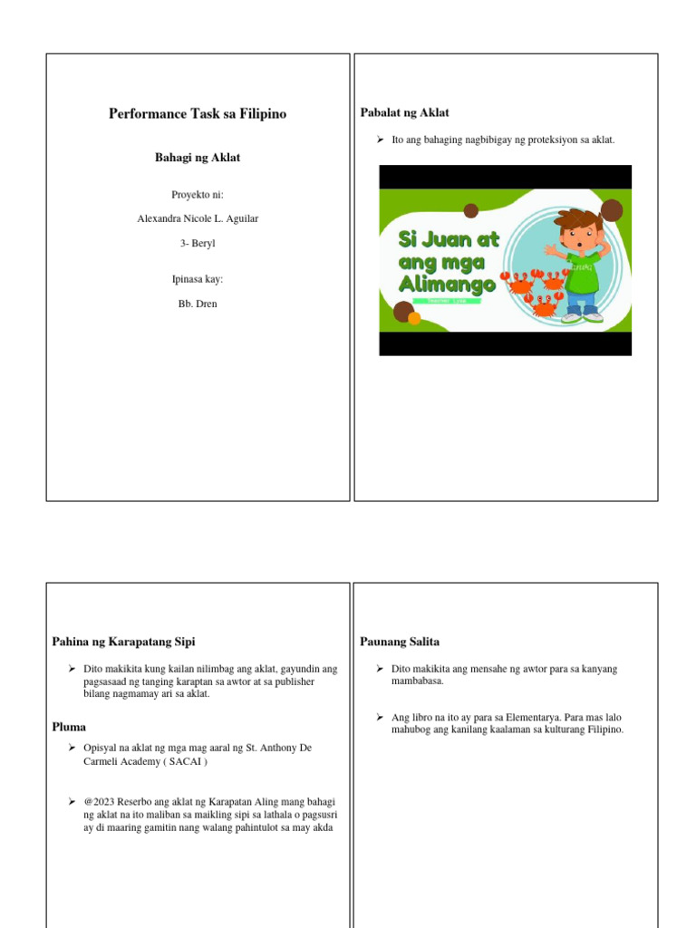 Performance Task Sa Filipino: Pabalat NG Aklat | PDF