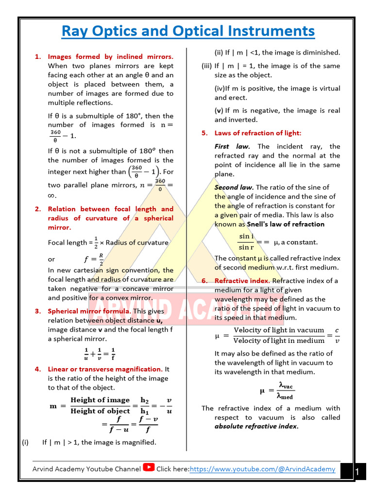 Chap 9 Ray Optics and Optical Instruments | PDF | Refraction | Refractive Index