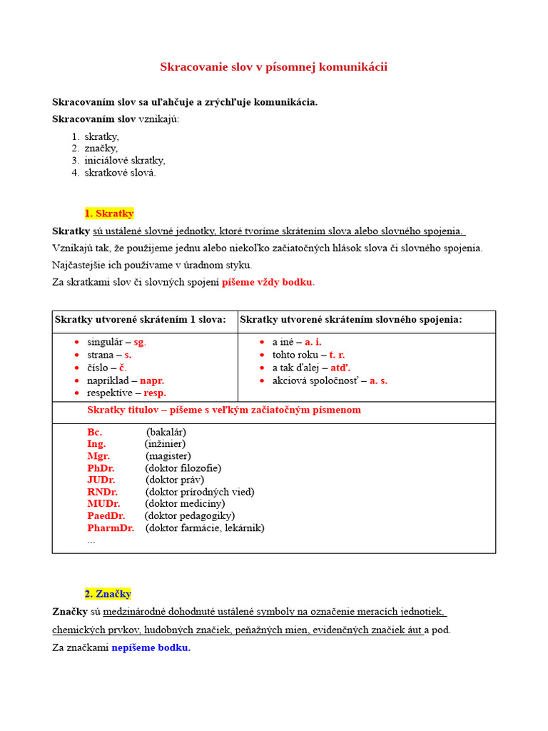 Skracovanie Slov V Písomnej Komunikácii, Poznámky | PDF