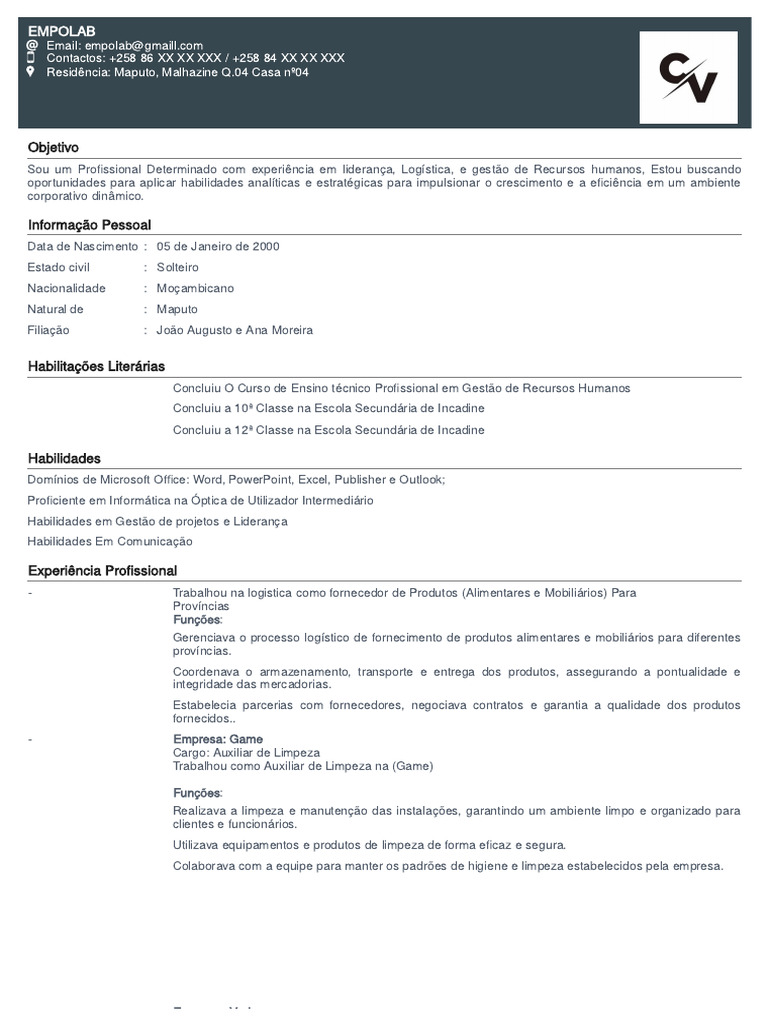 Modelo de CV Atualizado 2021 | PDF | Logística | Gestão de recursos humanos