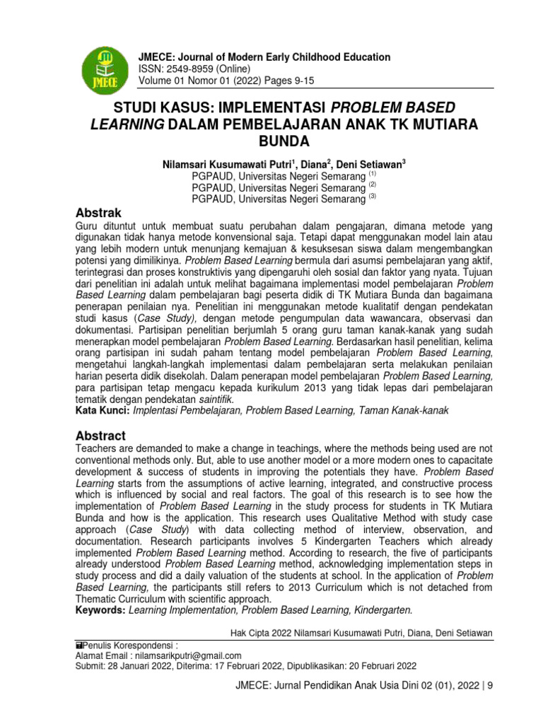 Studi Kasus Implementasi Problem Based Learning Dalam Pembelajaran Anak TK Mutiara Bunda | PDF