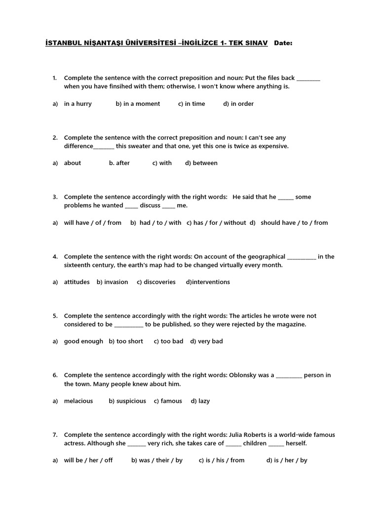 Ingilizce 1 Tek Sinav Guncel | PDF | Word | Preposition And Postposition Ingilizce 1 Tek Sinav Guncel | PDF | Word | Preposition And Postposition
