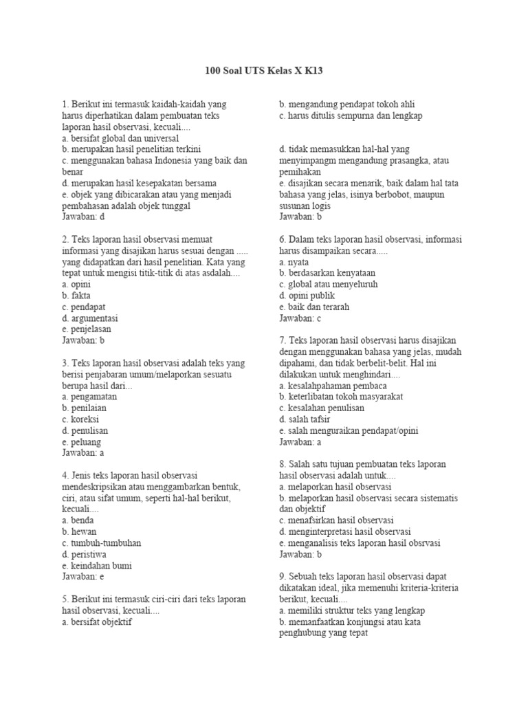 Soal UTS Bahasa Indonesia Kelas X K13 | PDF