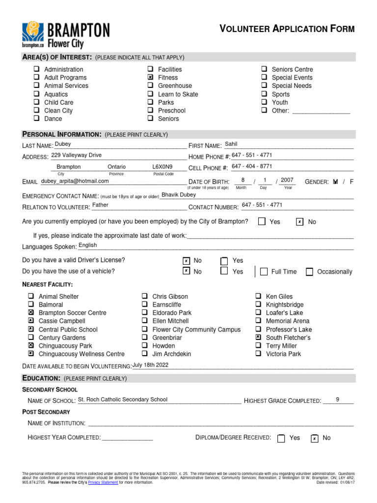 Brampton Animal Shelter Volunteer Form | PDF