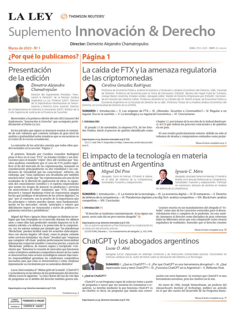 Suplemento Periódico Innovación & Derecho Thomson Reuters La Ley Ed. 1 ... Suplemento Periódico Innovación & Derecho Thomson Reuters La Ley Ed. 1 ...