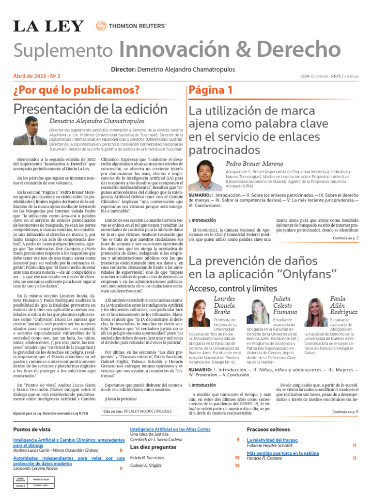 Suplemento Periódico Innovación & Derecho Thomson Reuters La Ley Ed. 2 ... Suplemento Periódico Innovación & Derecho Thomson Reuters La Ley Ed. 2 ...