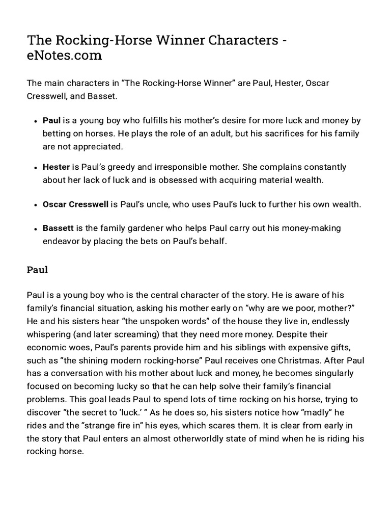 The Rocking-Horse Winner Characters | PDF | Classics