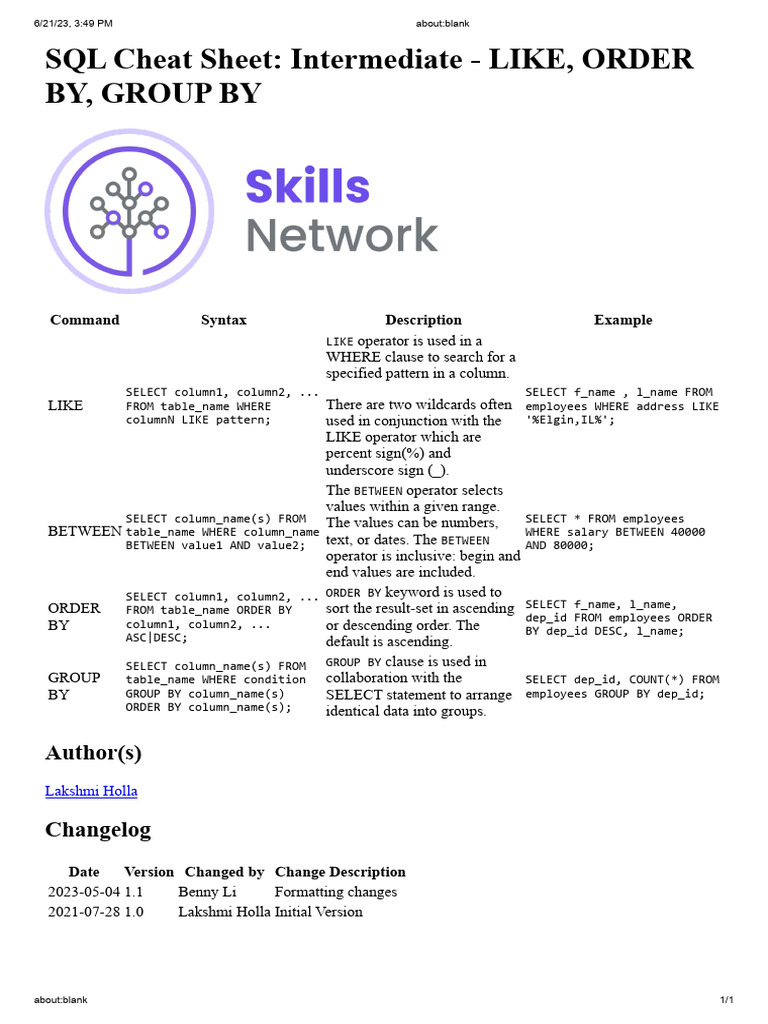 Sql Cheat Sheet Intermediate Like Order By Group By Pdf Information Retrieval Databases