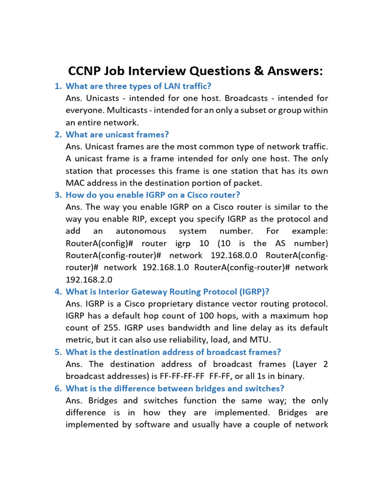 CCNP Job Interview Questions - Answer | PDF | Computer Network | Networking Standards