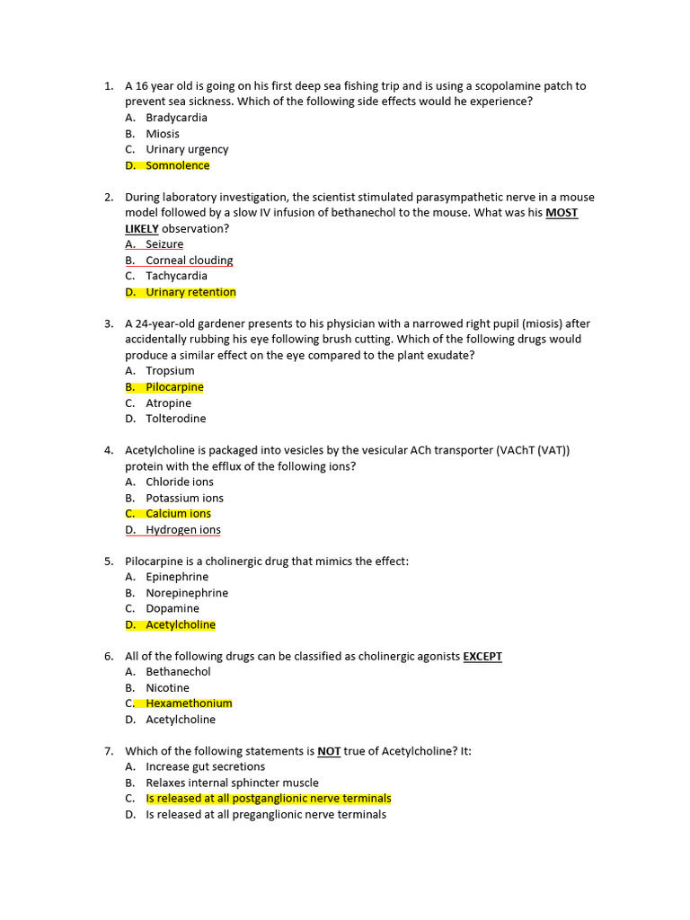2020 Cholinergic Drugs Quiz | PDF | Acetylcholine | Clinical Medicine