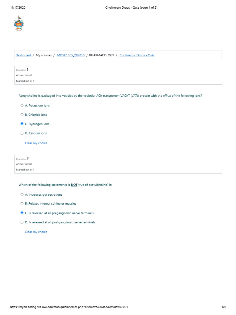Cholinergic Drugs Quiz 16 - 20 | PDF | Acetylcholine | Neurochemistry