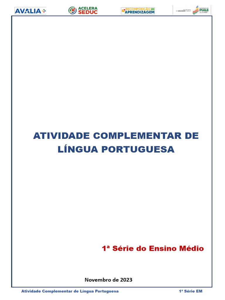 Atividade Complementar de Língua Portuguesa - 1ª Série EM. | PDF | Deficiência