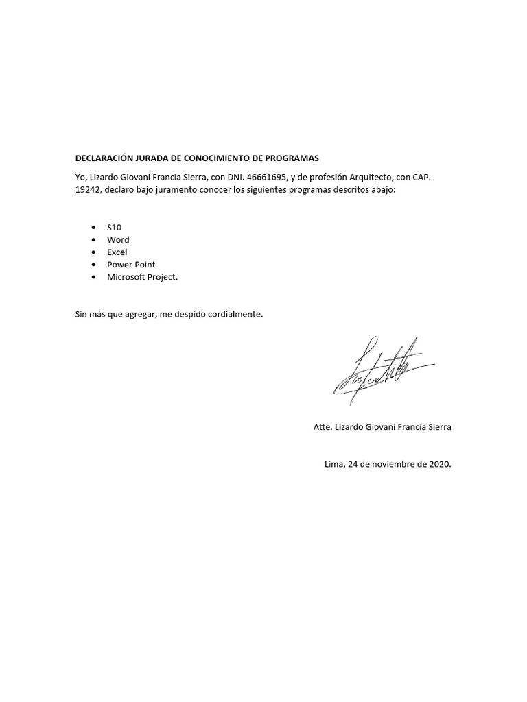 Declaración Jurada de Conocimiento de Programas | PDF | Negocios
