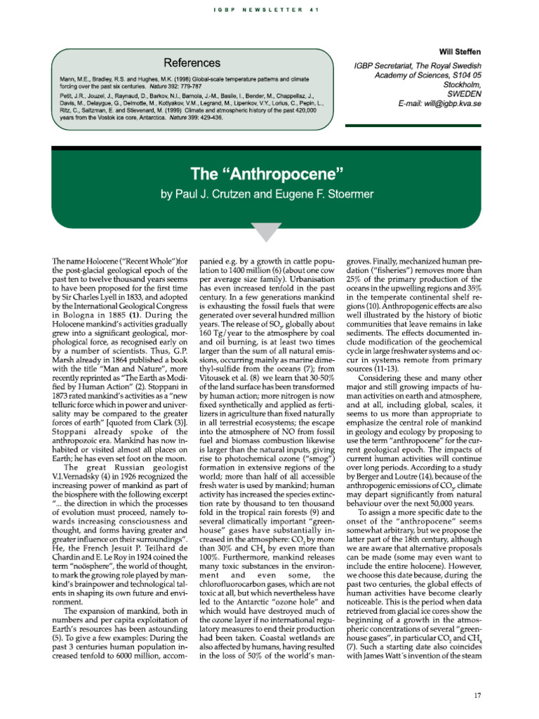 Crutzen and Stoermer 2000 Anthropocene Essay | PDF
