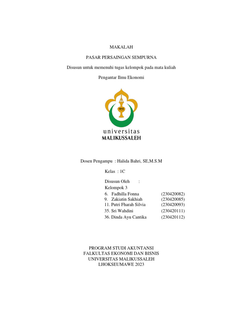 Kelompok 3 Makalah Pengantar Ilmu Ekonomi (Pasar Persaingan Sempurna) | PDF