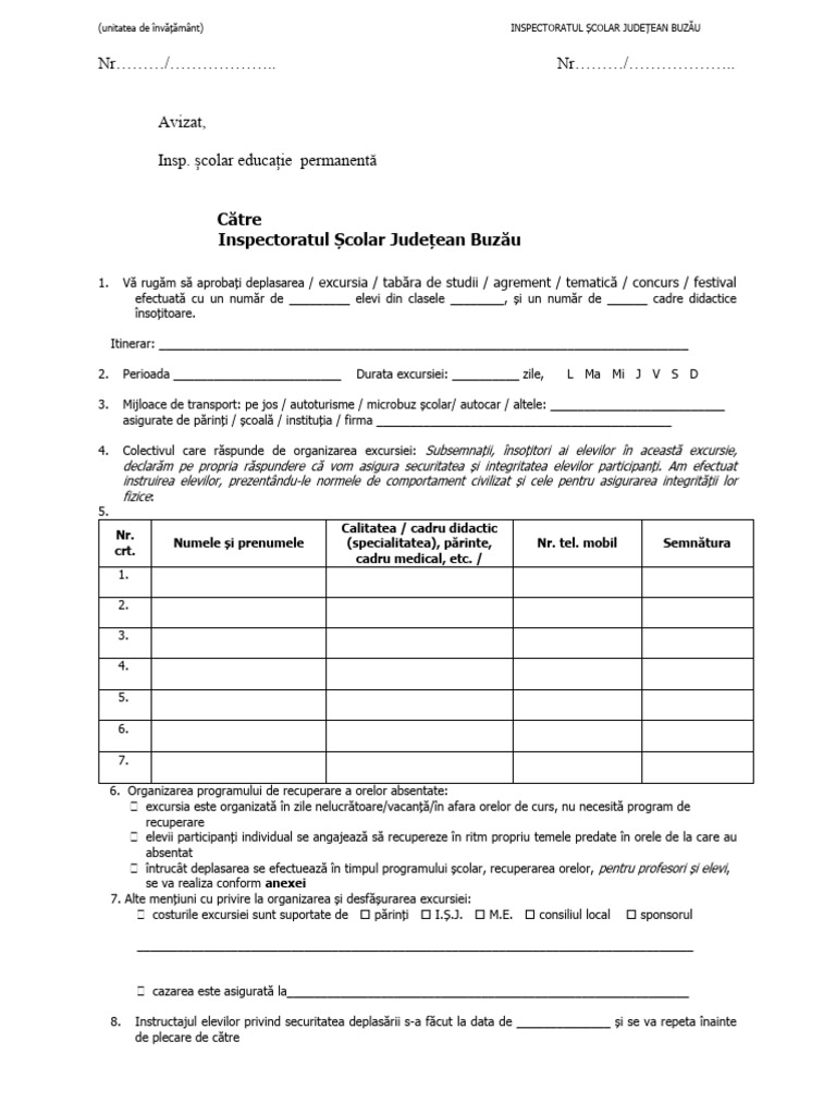 Formular Excursie Scolara 2023-2024 | PDF