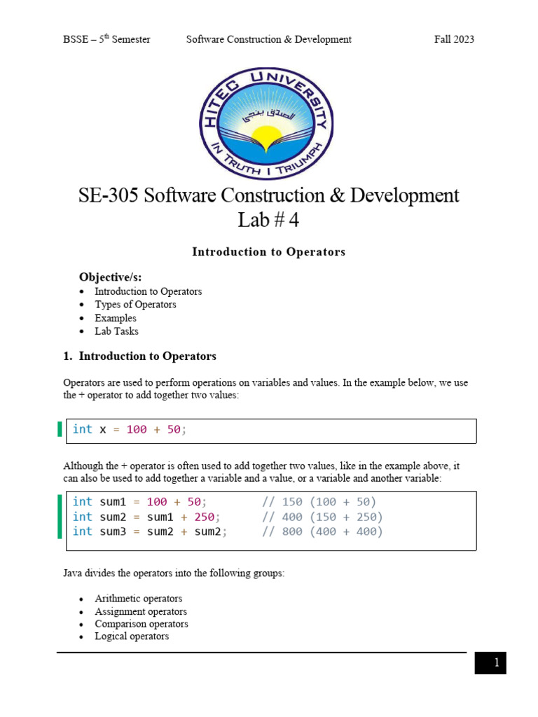 Lab04 - Introduction To Operators | PDF | Arithmetic | Software Development Lab04 - Introduction To Operators | PDF | Arithmetic | Software Development