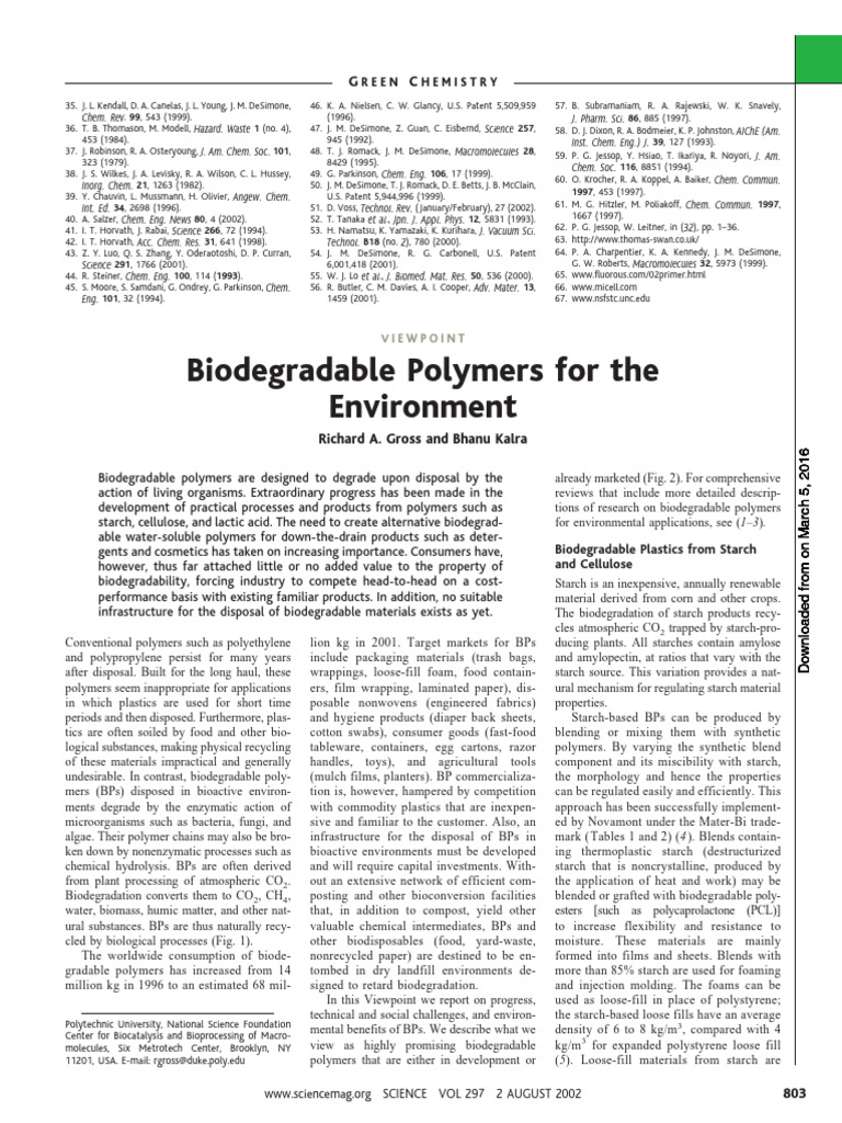 Biodegradable Polymers For The Environment: Reen Hemistry | PDF | Biodegradation | Polyester