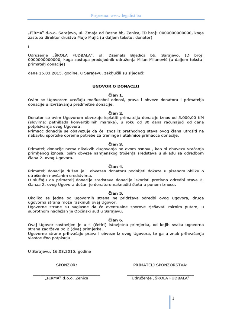 Ugovor o Donaciji Primjer | PDF