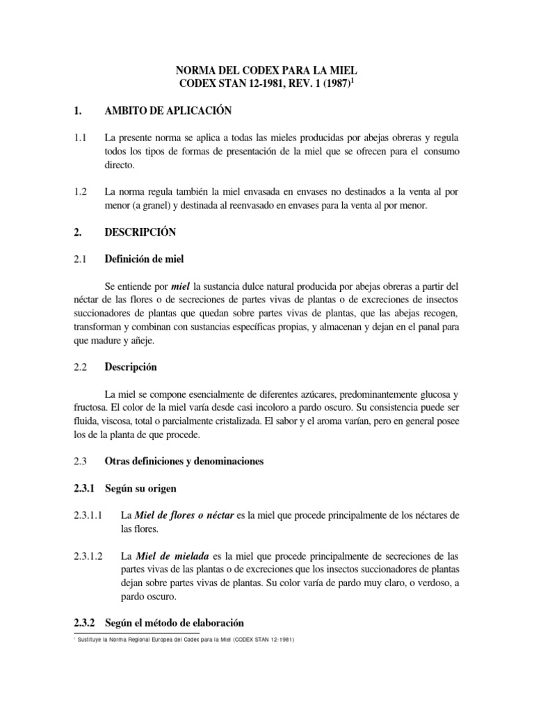 Norma Del Codex para La Miel CODEX STAN 12-1981, REV. 1 (1987) 1. Ambito de Aplicación | PDF ...
