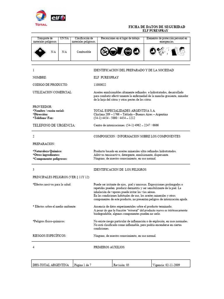 Elf Purespray 15e - Hoja de Seguridad | PDF | Dióxido de carbono | Agua
