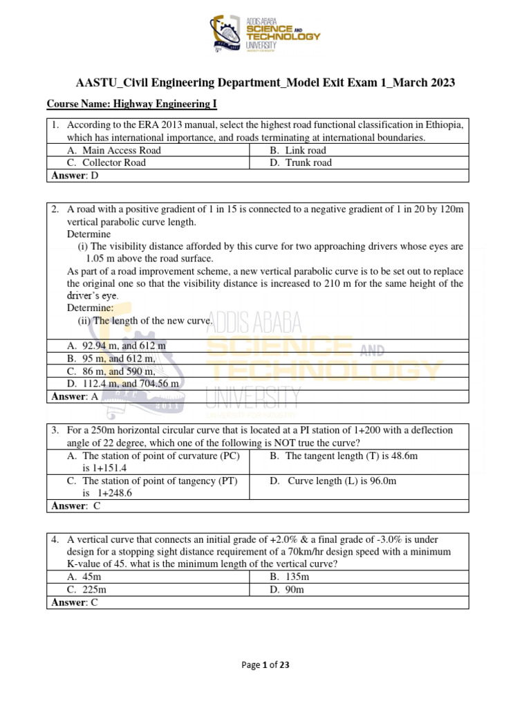 AASTU Civil Engineering Model 1 100 Q March 2023 Stream Based 2 | PDF ...