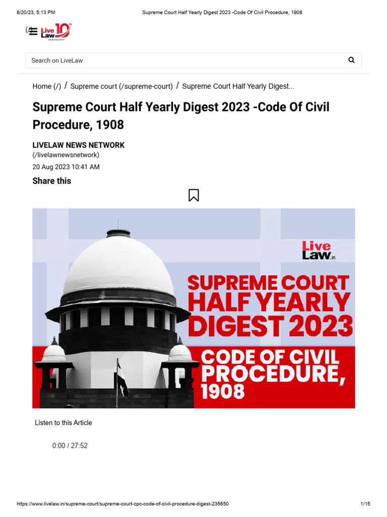 Supreme Court Half Yearly Digest 2023 - Code of Civil Procedure, 1908 ...