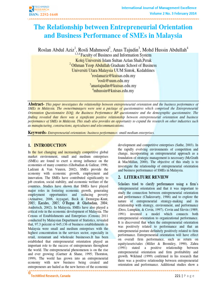 The Relationship Between Entrepreneurial Orientation and Business Performance of SMEs in ...