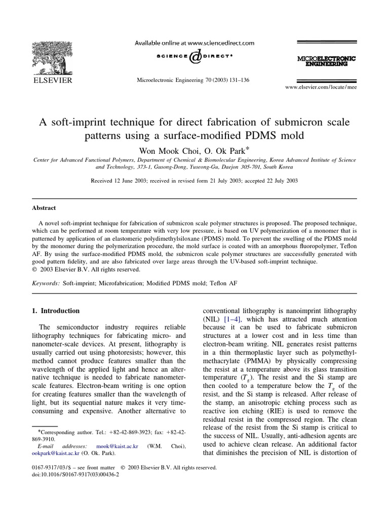 A Soft-Imprint Technique For Direct Fabrication of Submicron Scale Patterns Using A Surface ...