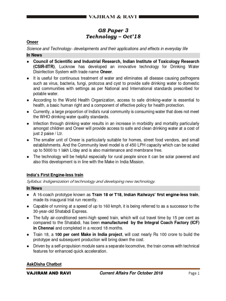 GS3 Technology Oct 2018 Current Affairs | PDF | Nobel Prize | Spacecraft