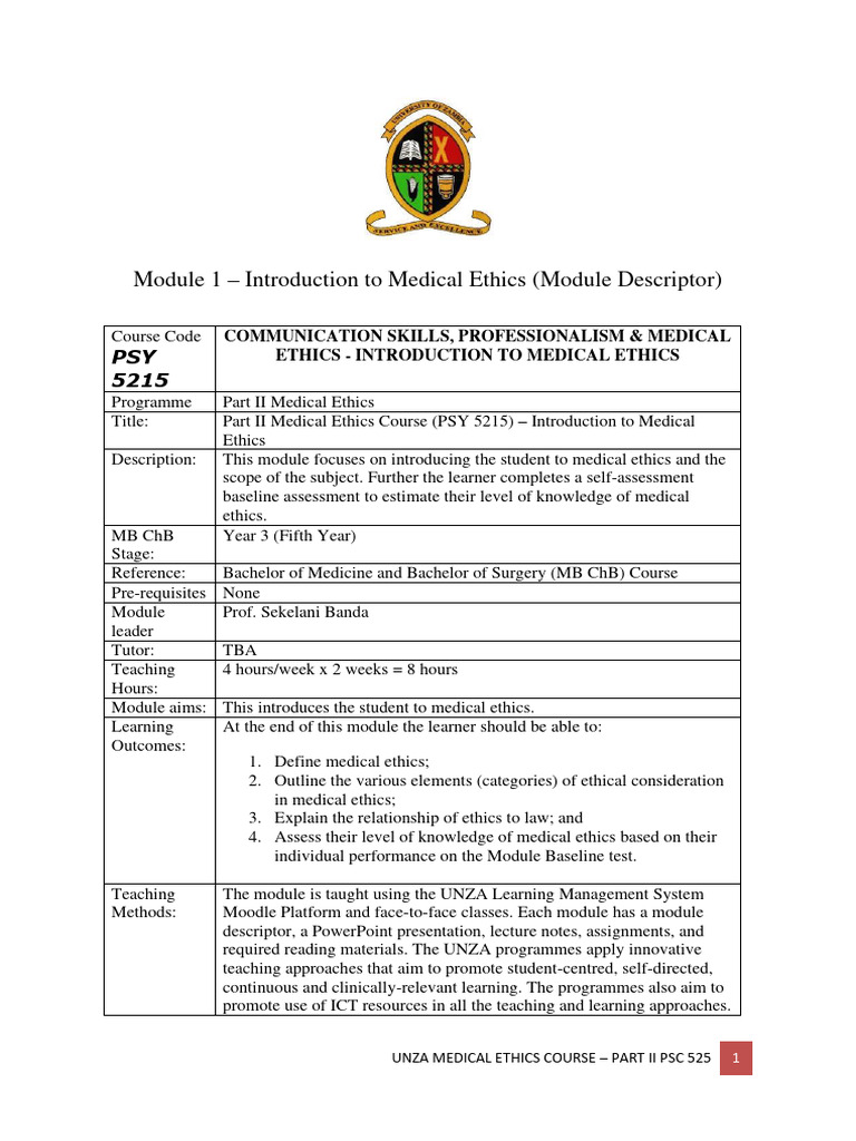 Module 1a Descriptor Introduction To Medical Ethics (UNZA) 2021 | PDF ...
