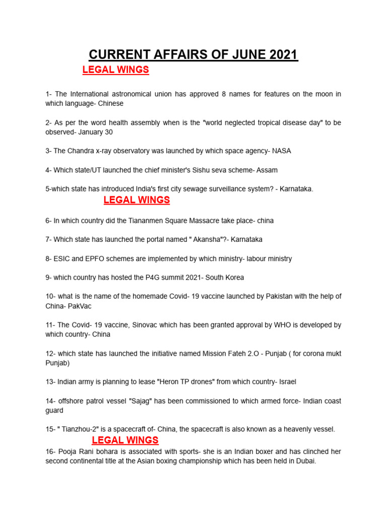 Current Affairs of June 2021 | PDF | Nasa