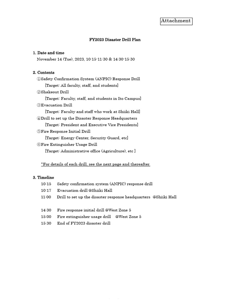 Disaster Drill Plan | PDF | Civil Defense | Public Safety