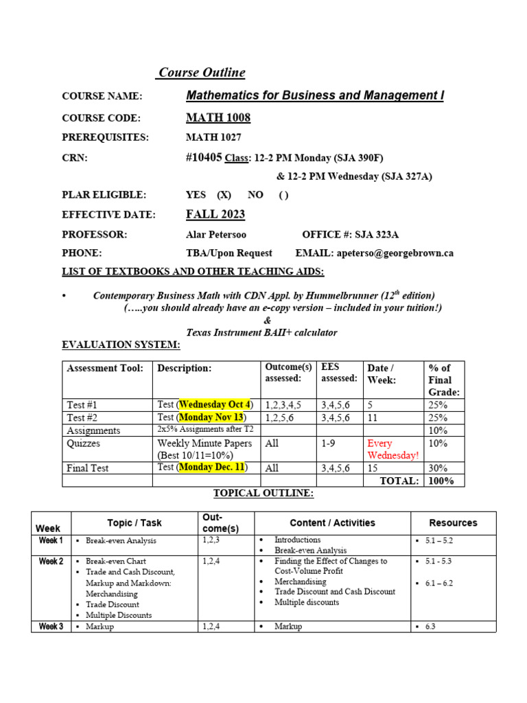 1008 Short-Form Course Outline (Fall2023) | PDF | Present Value | Interest