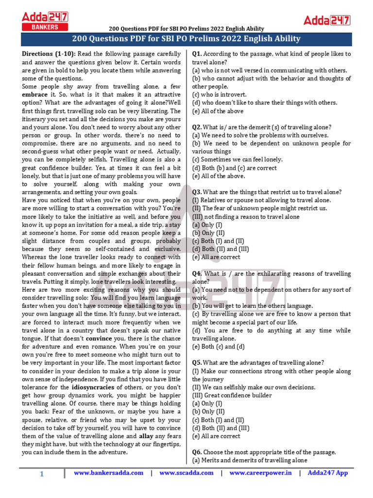 200 Questions PDF For IBPS PO Prelims 2022 English Ability | PDF ...