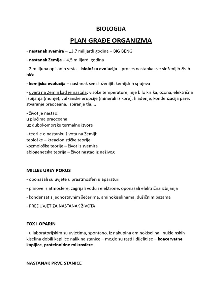 BIOLOGIJA - Plan Građe Organizma | PDF