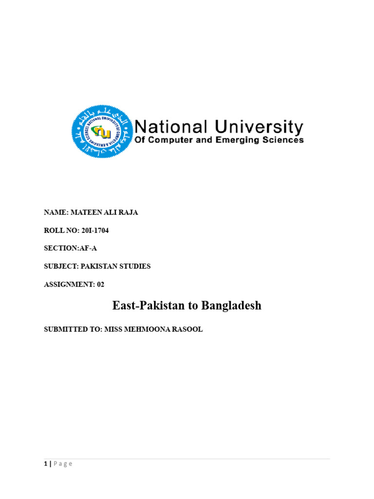 Assignment 02 Pakistan Studies 20i-1704 Mateen Ali Af-A | PDF | Bangladesh | Zulfikar Ali Bhutto