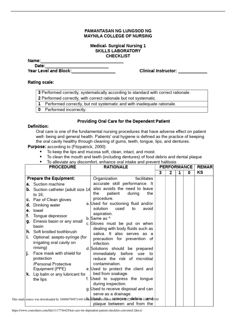 Oral Care For Dependent Patient Checklist Converted 2 | PDF | Oral ...