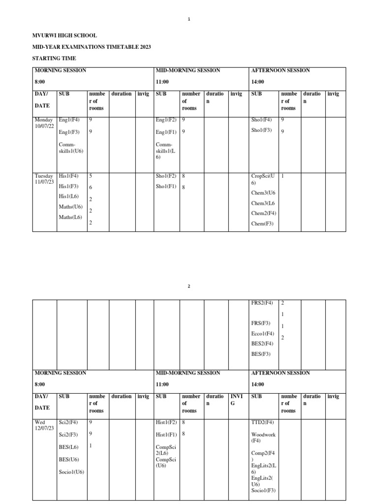 MVURWI HIGH SCHOOL Mid Year Timetable 2023 | PDF