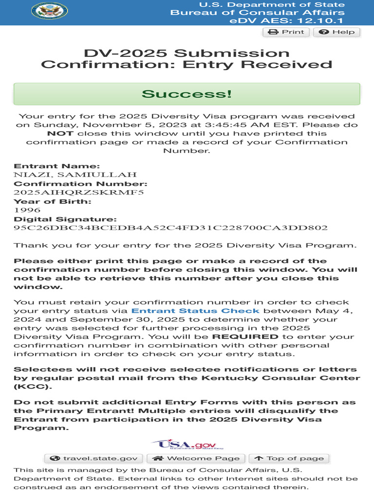 DV-2025 Submission Confirmation: Entry Received: Success! | PDF ...