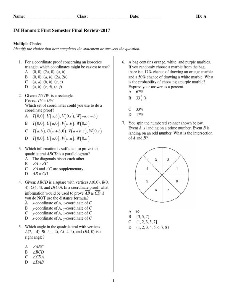 IM IIH 1st Semester Final Review Questions Only All | PDF | Area | Triangle