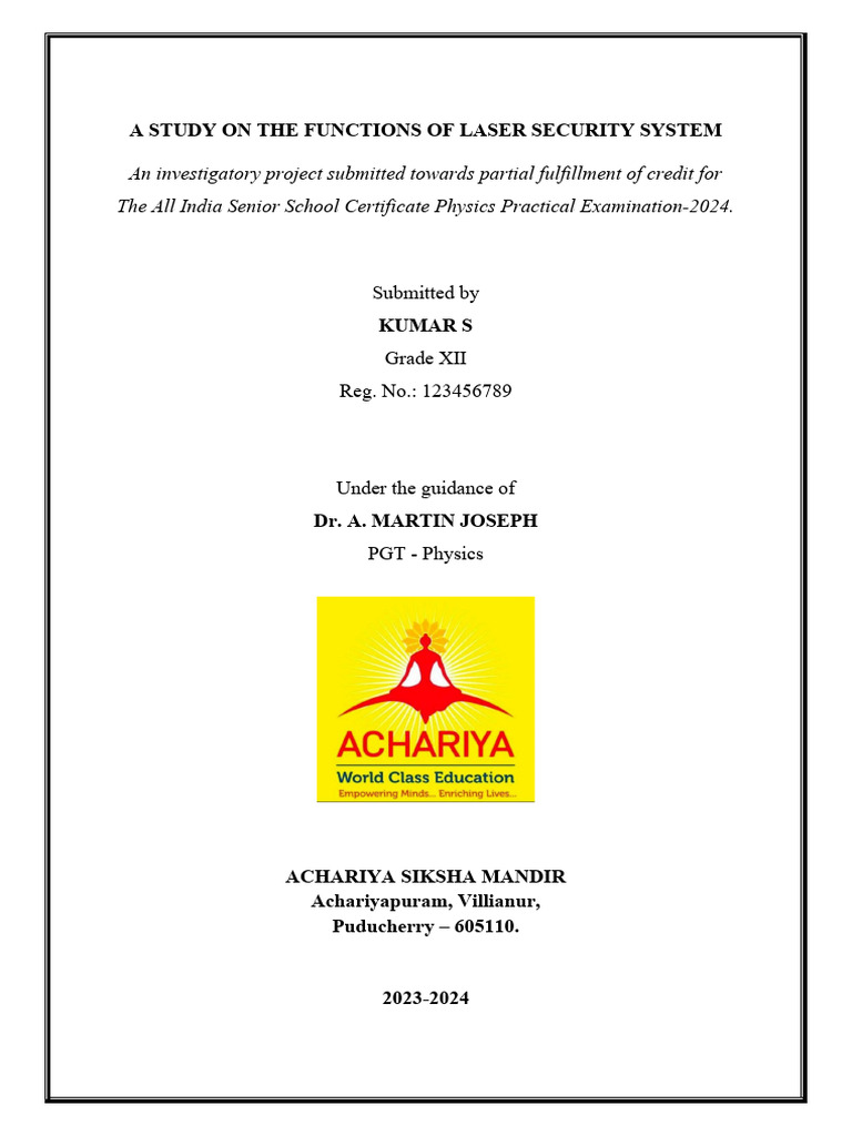 Physics Investigatory Project Front Page | PDF