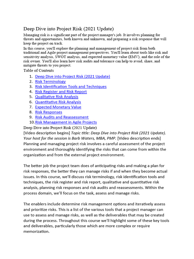 Deep Dive Into Project Risk (2021 Update) - 042320 | PDF | Risk ...