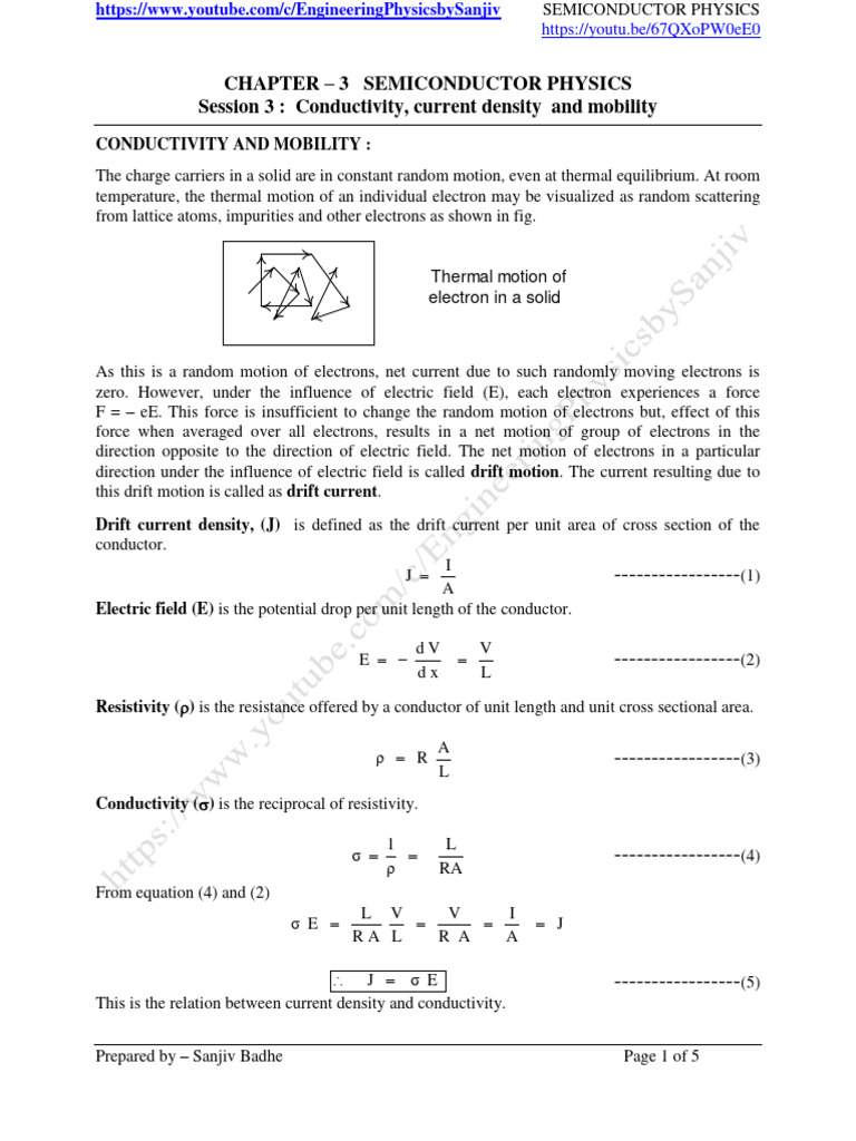 Semiconductor Physics Session 3 (Conductivity, Current Density and Mobility) | PDF | Electrical ...