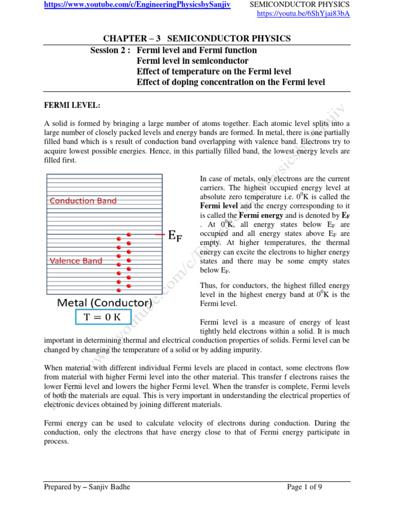 Semiconductor Physics Session 2 (Fermi Level and Fermi Function) | PDF ...
