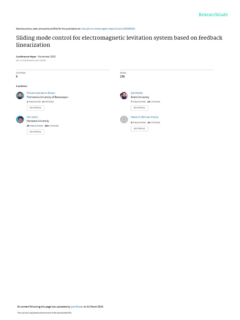 Sliding Mode Control For Electromagnetic Levitation System Based On Feedback Linearization | PDF ...