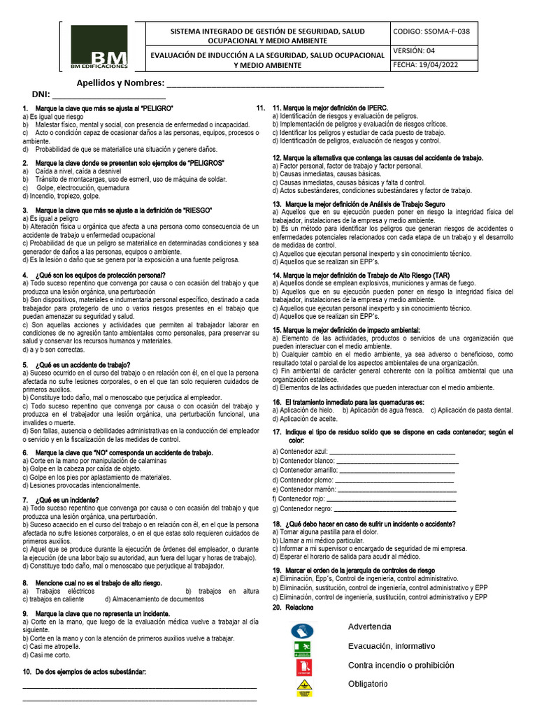 SSOMA-F-038-Examen de Inducción | PDF | Riesgo | Primeros auxilios SSOMA-F-038-Examen de Inducción | PDF | Riesgo | Primeros auxilios
