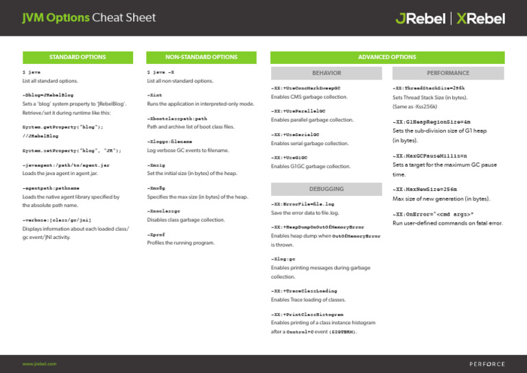 Cheat Sheet Rebel JVM Options | PDF | Java (Programming Language) | Java Virtual Machine