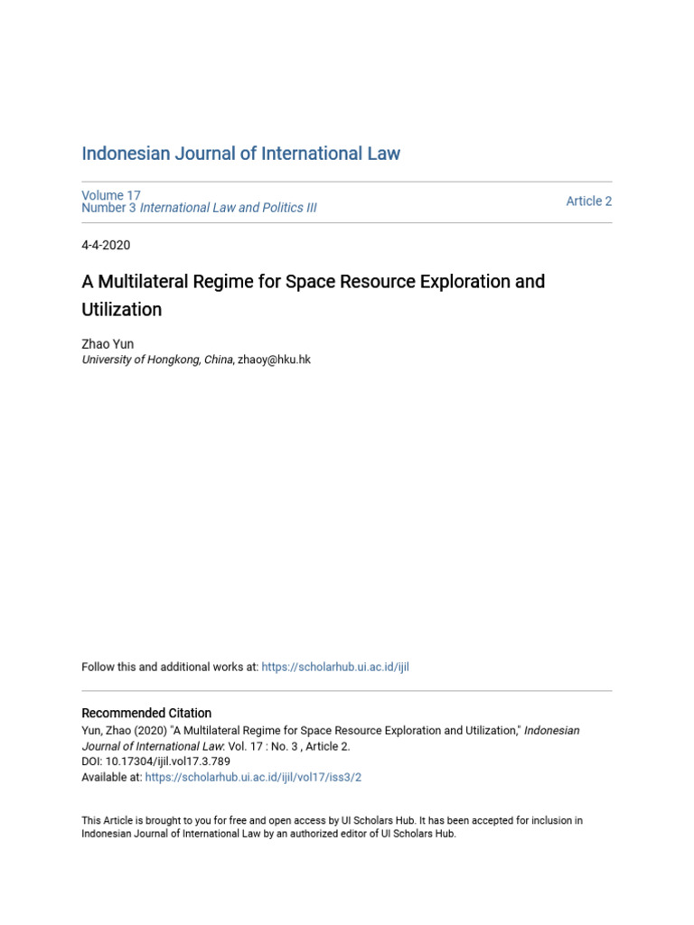 Multilateral Regime For Space Resource | PDF | International Law