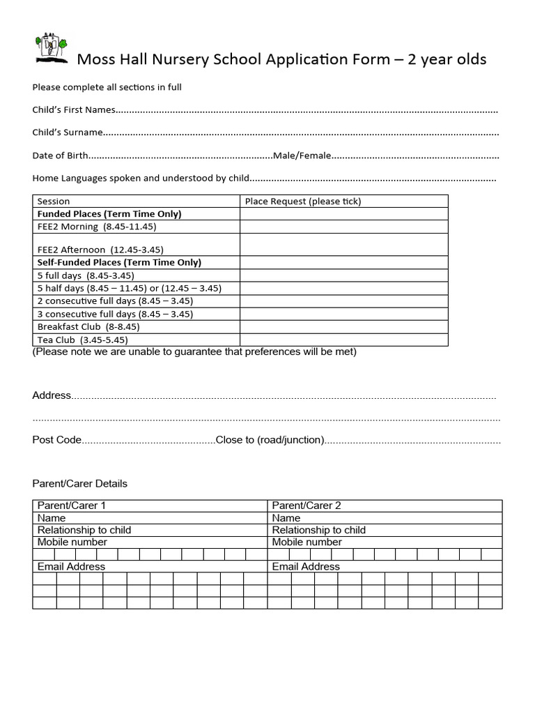 Nursery Application for 2-Year-Olds | PDF | Preschool | Child Care